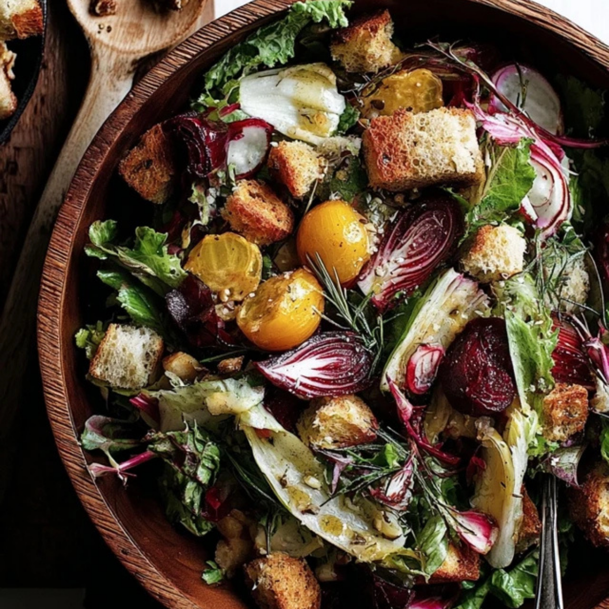 Rustic Winter Salad with Sherry Vinaigrette & Torn Croutons - Quite Chefy